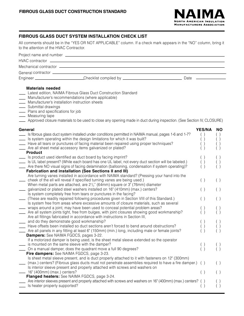 NAIMA Duct Check List | PDF | Duct (Flow) | Sheet Metal