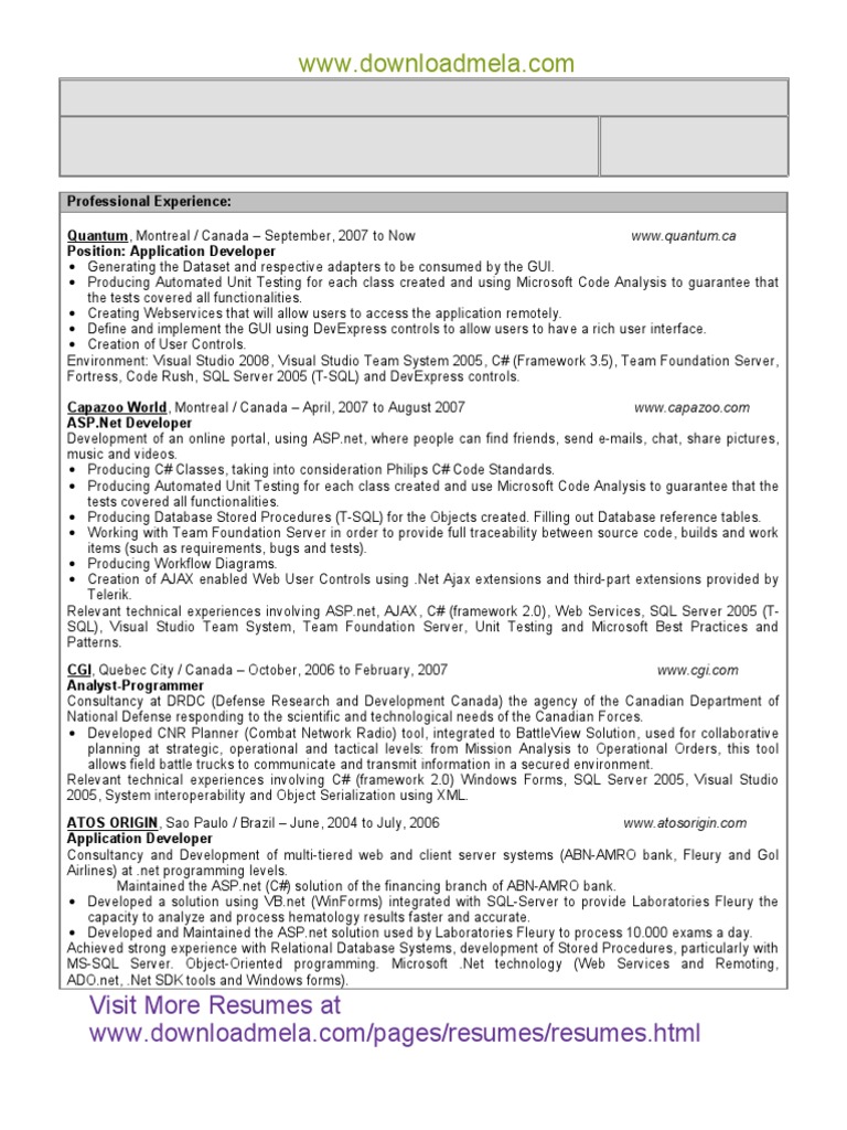 ASP Dot Net Application Developer Resume | PDF | Microsoft Visual ...