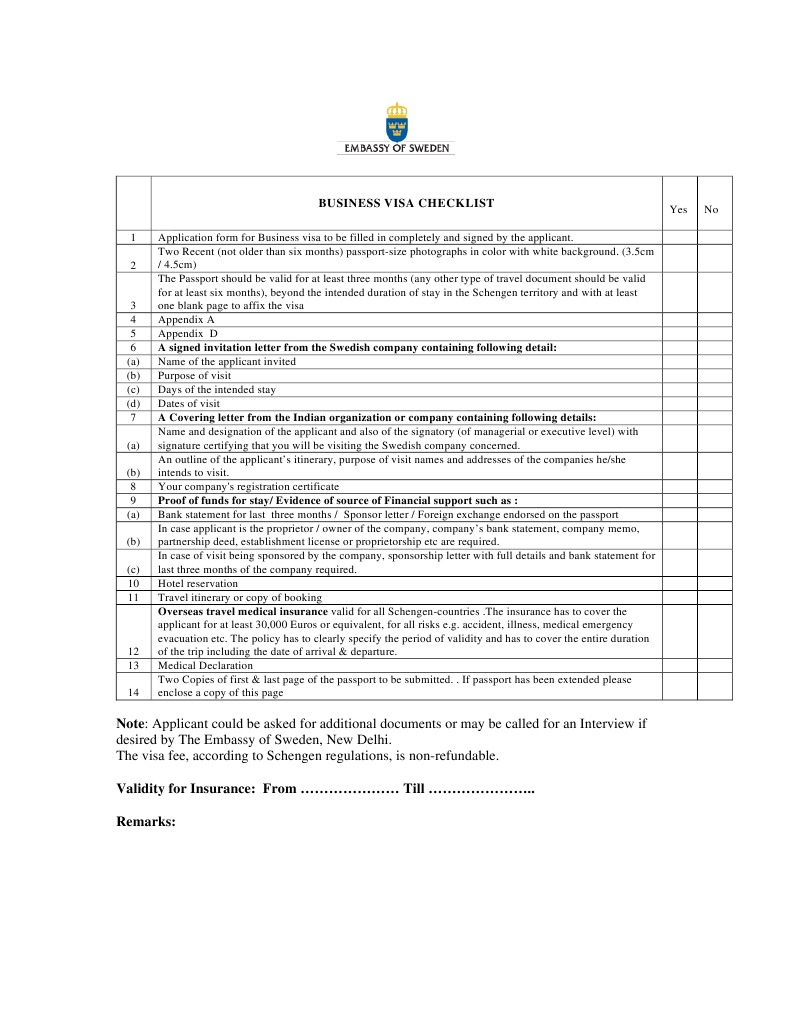 Business Visa Checklist Sweden | PDF | Travel Visa | Passport