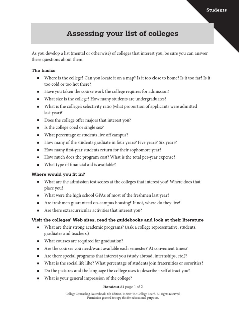 Assessing Your List of Colleges | PDF | University And College ...