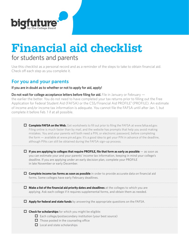 BigFuture Finanical Aid Checklist | PDF | Student Financial Aid In The ...