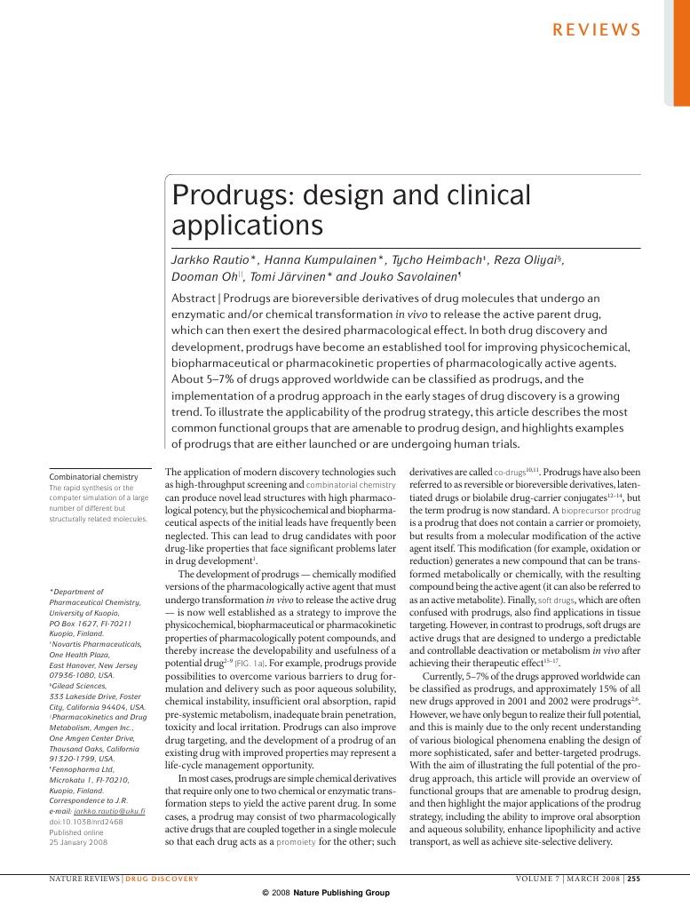 Prodrugs - Design and Clinical Applications | PDF | Bioavailability | Amine