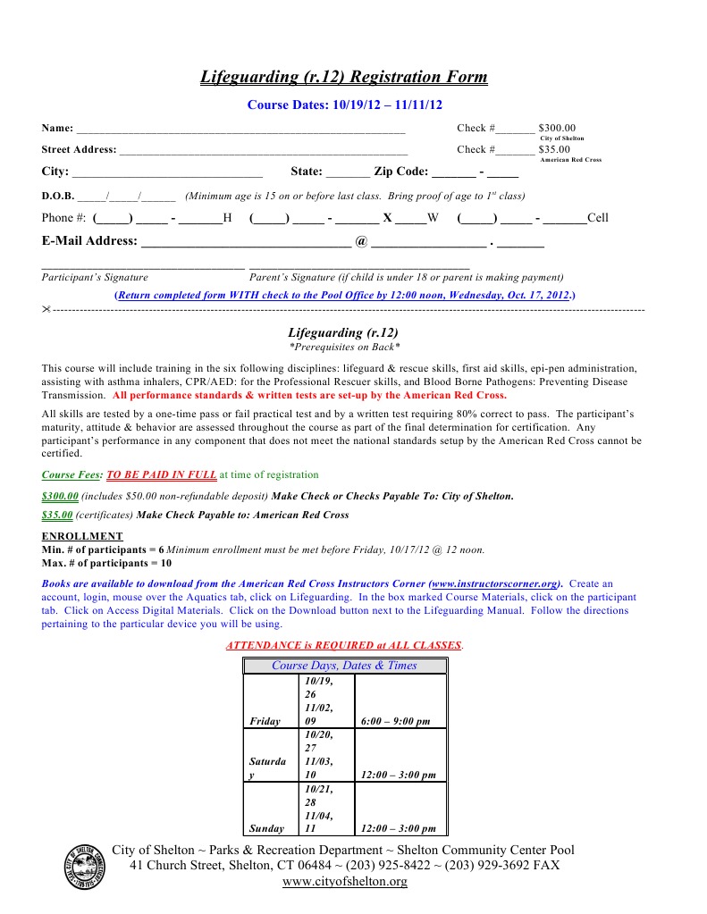 Lifeguard Training Registration Form | American Red Cross | Swimming ...