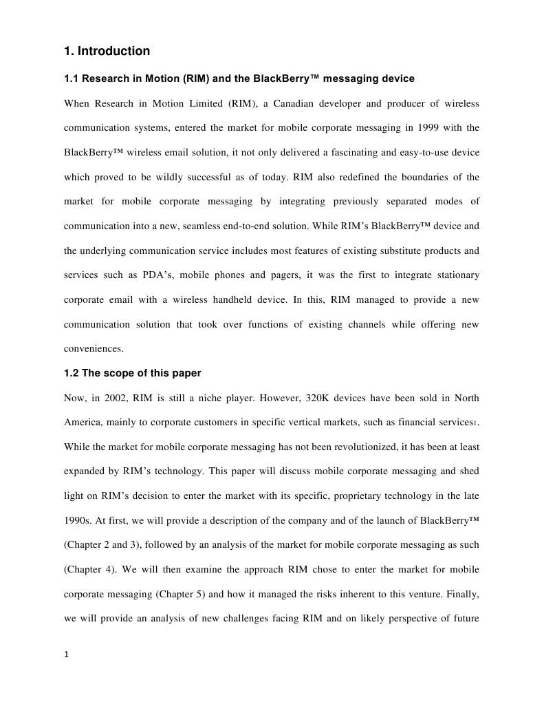 1.1 Research in Motion (Rim) and The Blackberry™ Messaging Device | PDF ...