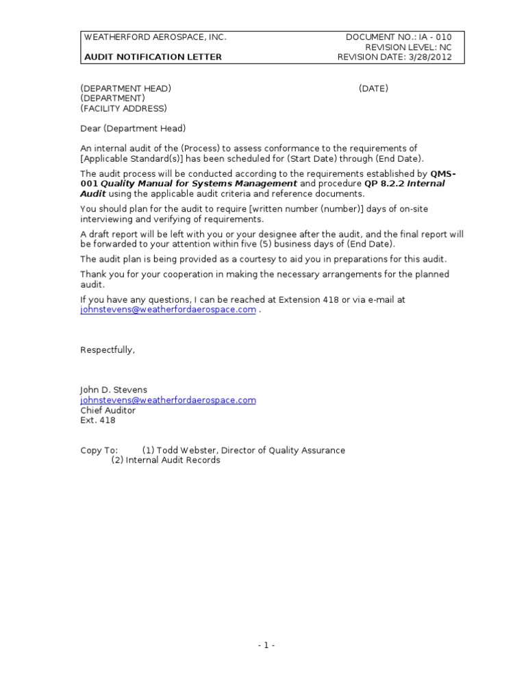Internal Audit Notification Letter | PDF | Internal Audit | Business