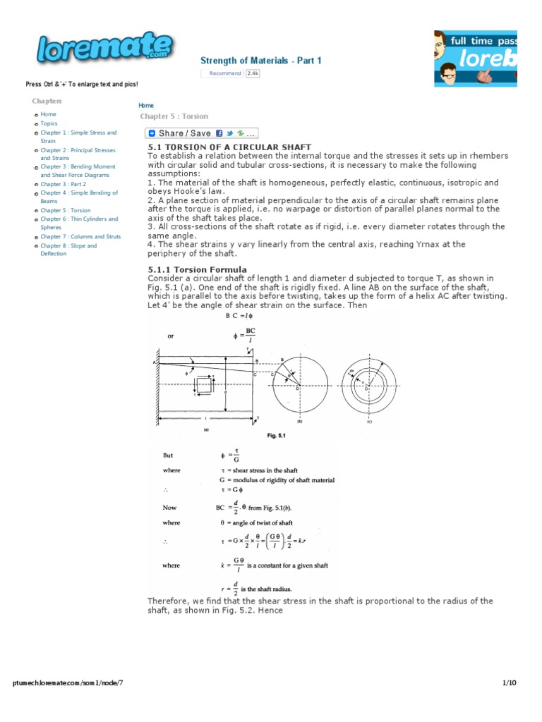 Chapter 5 Torsion Strength Of Materials Part 1 Pdf Stress