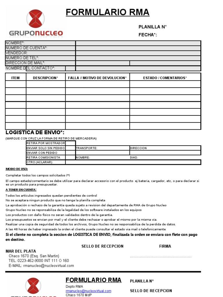 Formulario de Rma | PDF