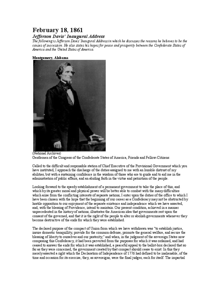Jefferson Davis Inaugural Speech | PDF | Confederate States Of America ...
