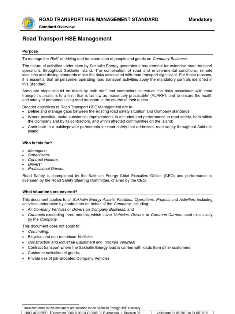 Road Transport HSE Management Standard | PDF | Road Traffic Safety ...