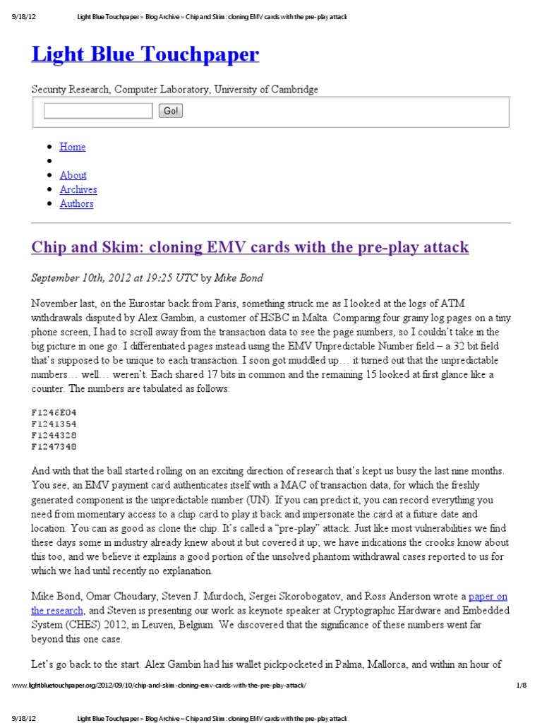 Light Blue Touchpaper Blog Archive Chip and Skim: Cloning EMV Cards With The Pre-Play Attack ...