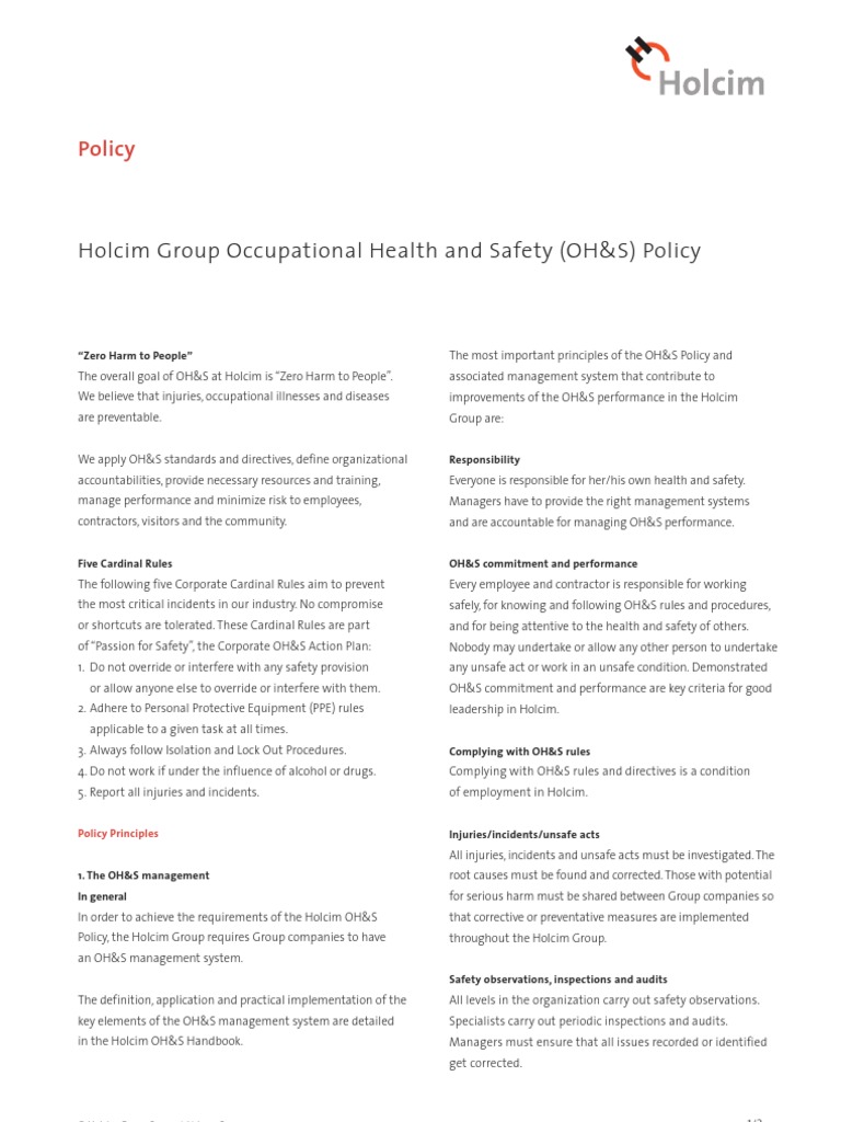 Holcim OH S Policy v2 | PDF | Safety | Audit