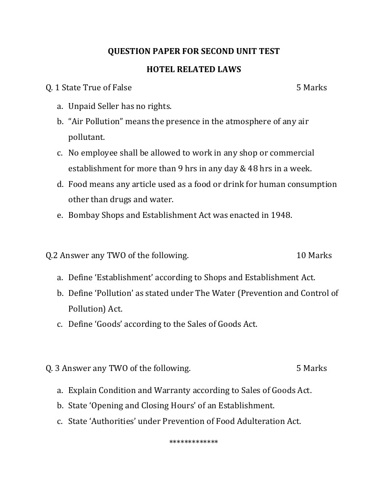 Question Paper For Second Unit Test Hotel Related Laws | PDF