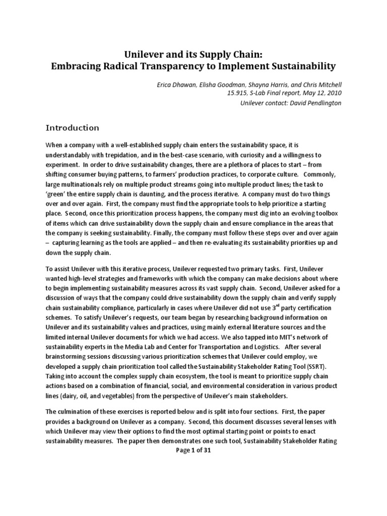Unilever and Its Supply Chain: Embracing Radical Transparency To ...