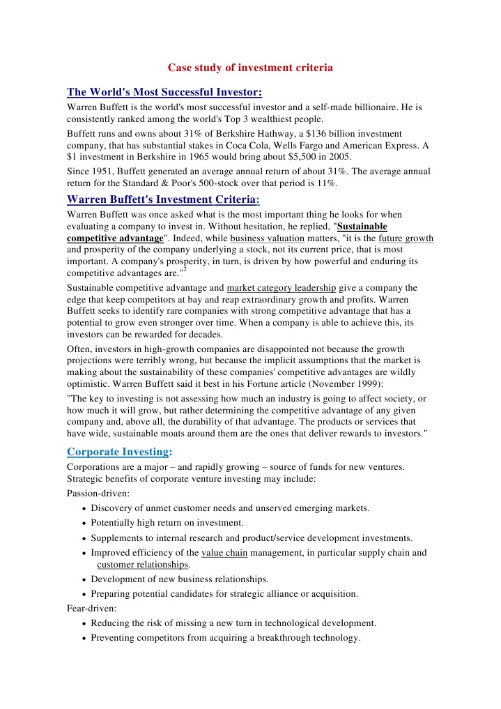 Case Study of Investment Criteria | PDF | Warren Buffett | Investing