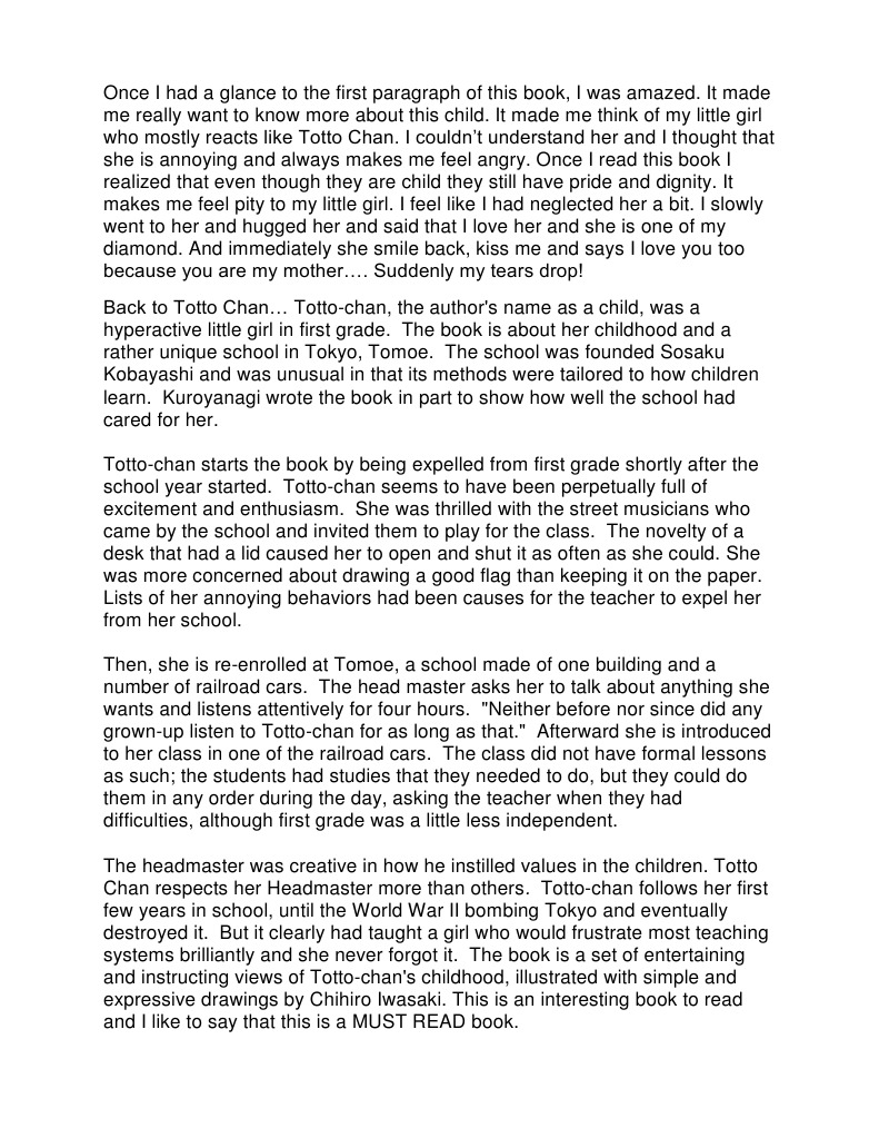 Totto Chan Book Review | PDF | Teaching And Learning | Further Education