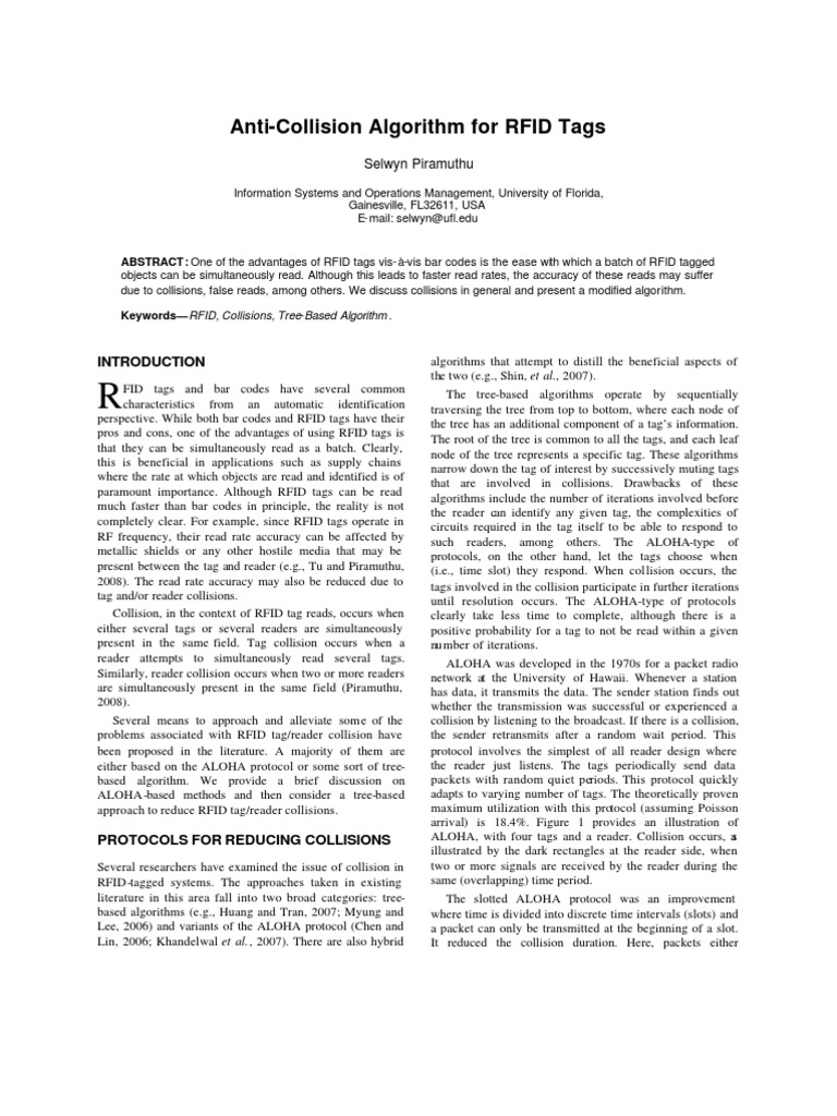 Anti Collision Algorithm For Rfid Tags Pdf Radio Frequency Identification Communications 
