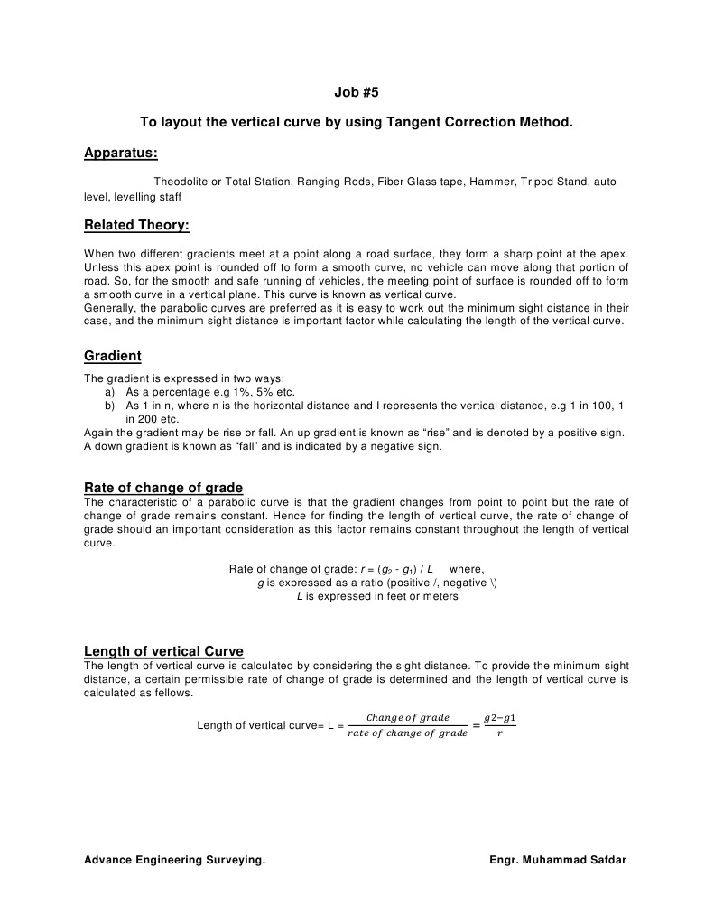 Job #5 To Layout The Vertical Curve by Using Tangent Correction Method ...