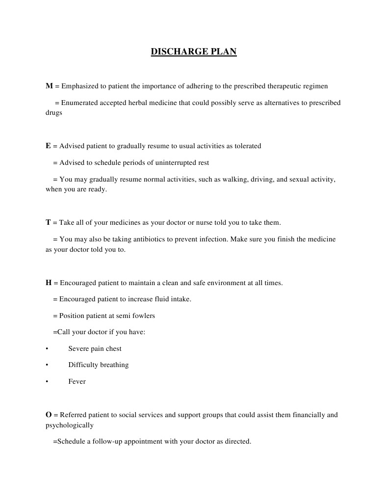 Discharge Plan | Medicine | Medical Specialties