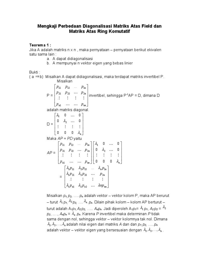 Mengkaji Perbedaan Diagonalisasi Matriks Atas Field Dan Matriks Atas Ring Komutatif | PDF