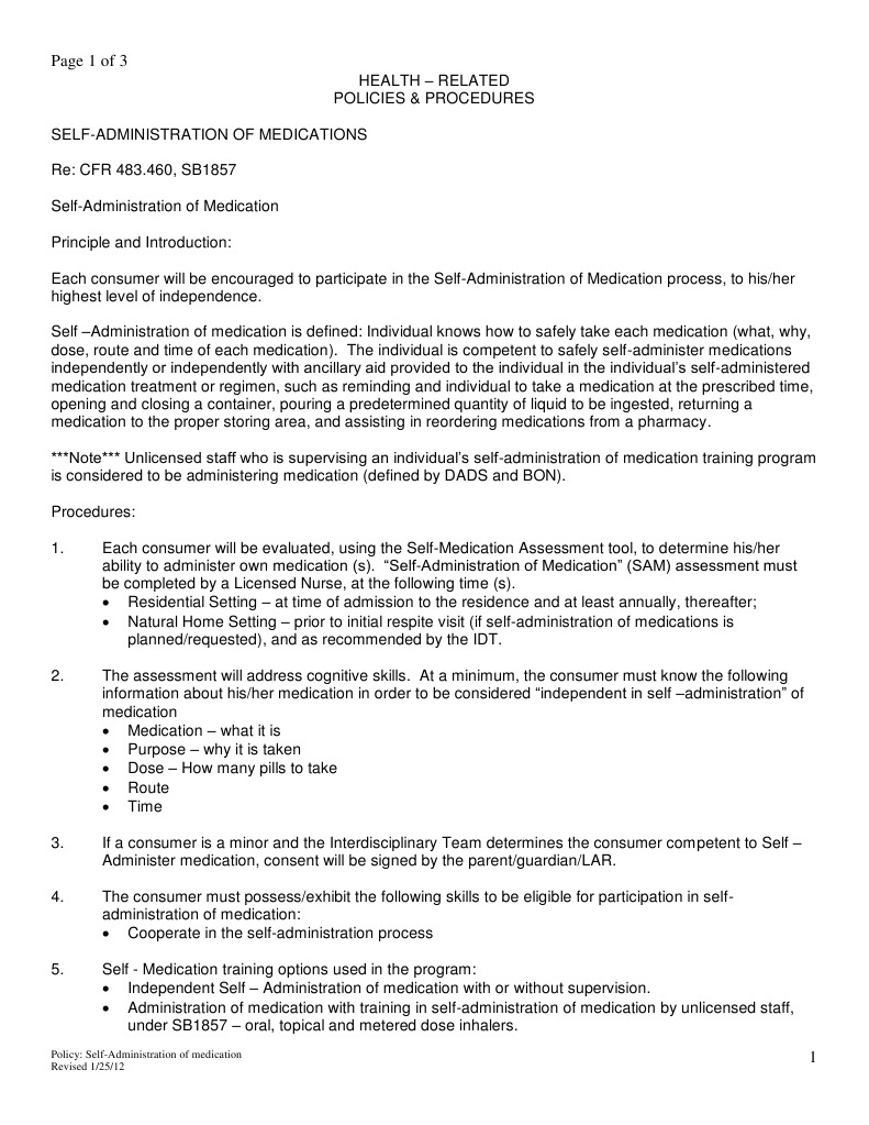 Policy Self Administration of Medications | Pharmaceutical Drug | Nursing