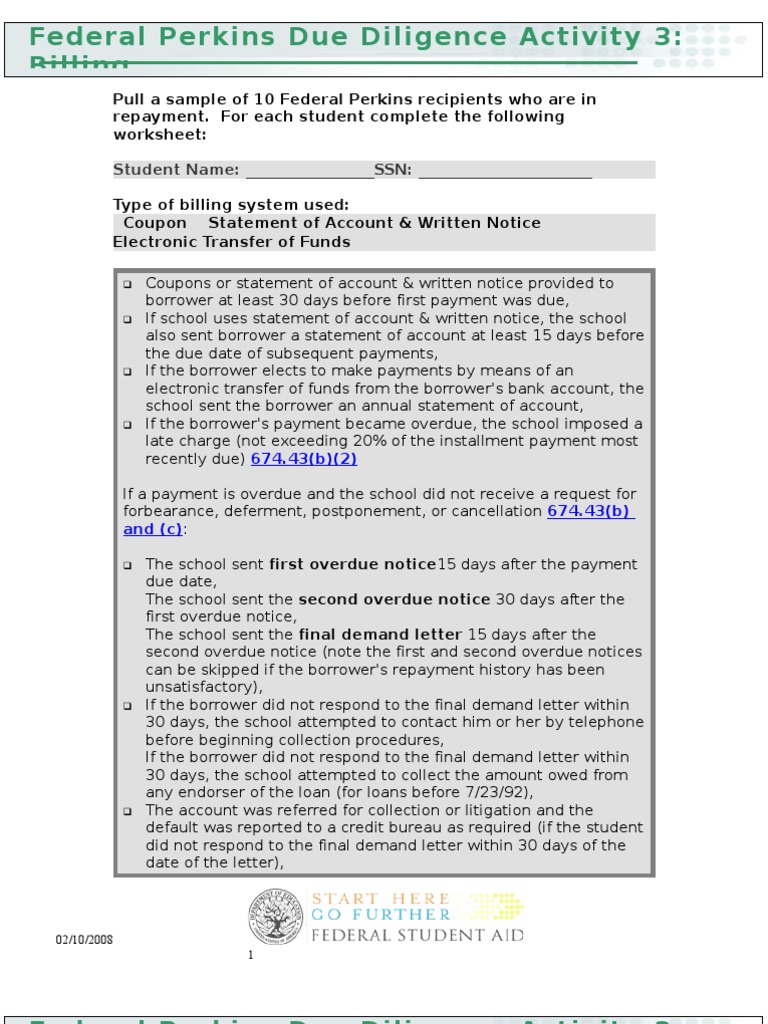 Federal Perkins Billing Due Diligence Checklist | PDF