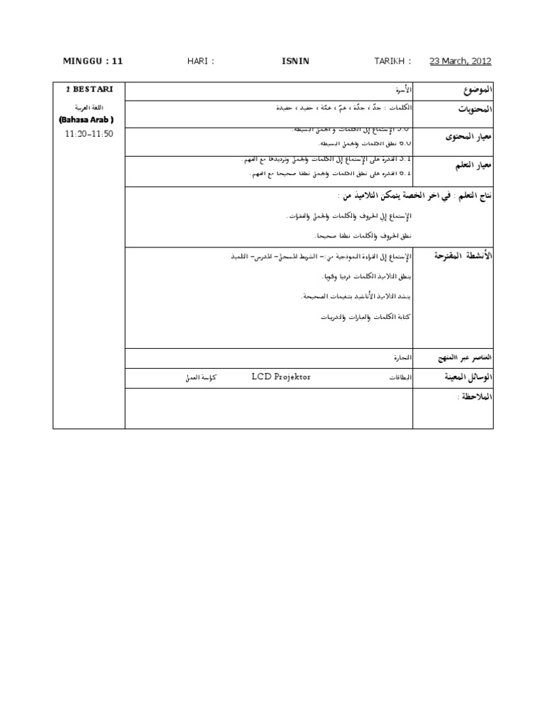 RPH Bahasa Arab KSSR Tahun 1 & 2 2012 | PDF