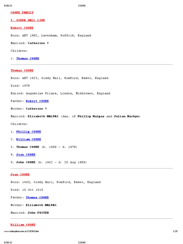 Cooke Family Genealogy Overview | PDF