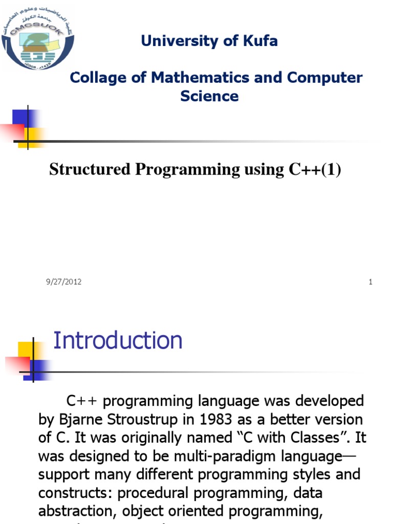 Structured Programming Using C++ (1) : University of Kufa Collage of ...