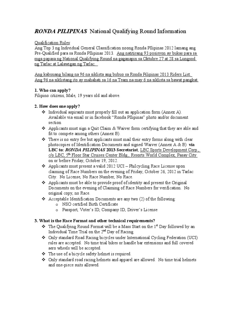 Qualifying Round Application Form - Ronda Pilipinas 2013 | PDF ...