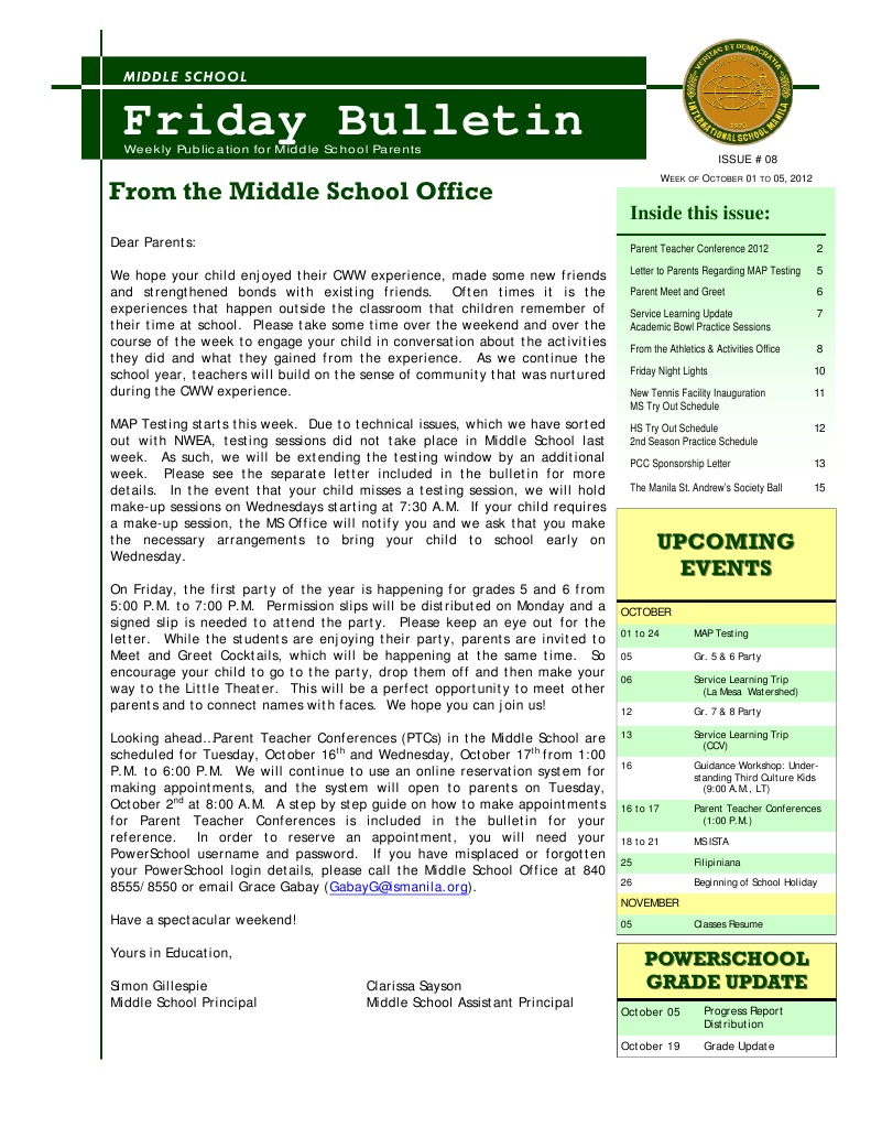 Friday Bulletin: From The Middle School Office | PDF