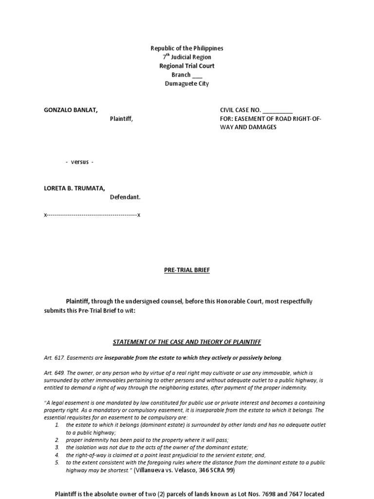 Sample Pretrial Brief | Easement | Lawsuit
