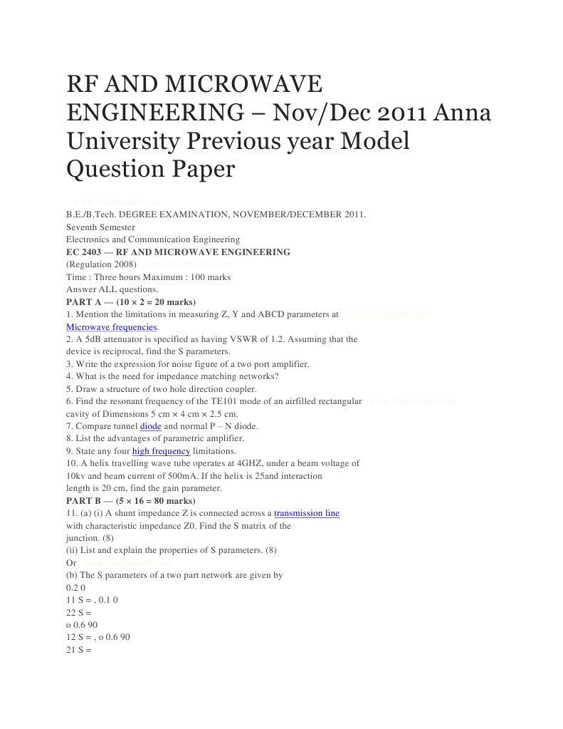 Anna University RF Microwave Exam Paper | PDF | Amplifier | Radio ...