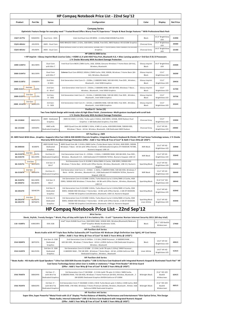 HP Consumer Notebook Desktop Price List - 22nd Sep'12 | PDF | Computer ...