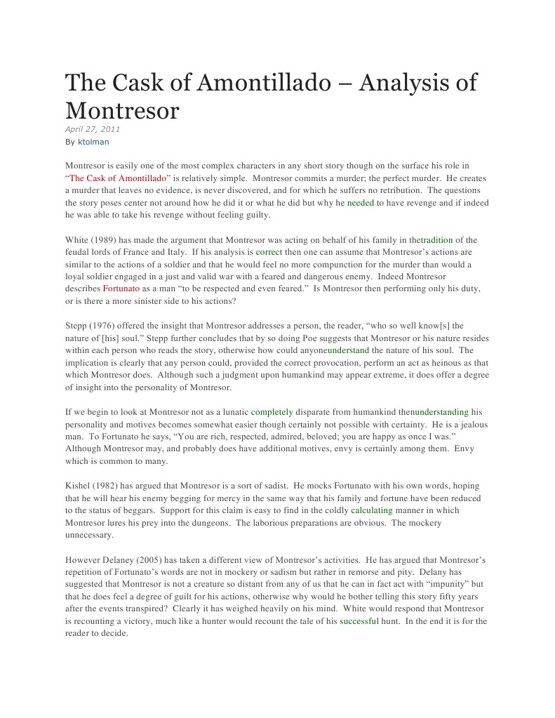 The Cask of Amontillado - Analysis of Montresor | PDF