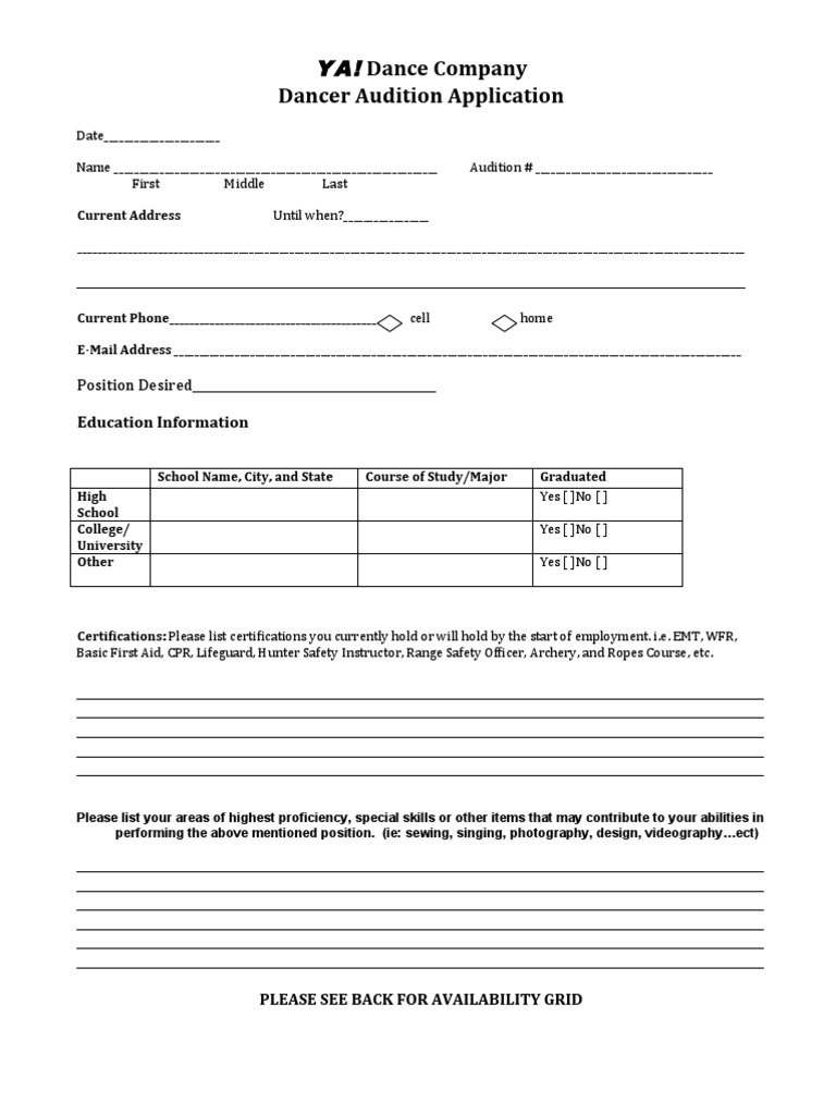 YA! Dance Company Audition Application | PDF | Career & Growth