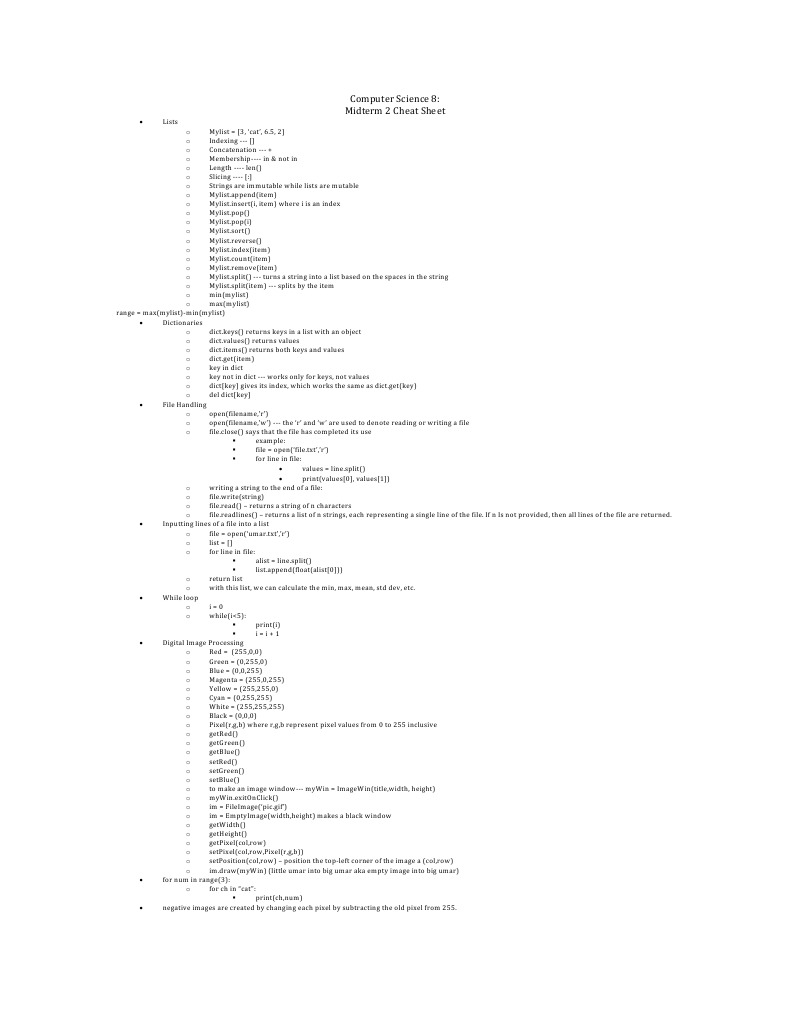 Computer Science Midterm 2 Cheat Sheet | PDF