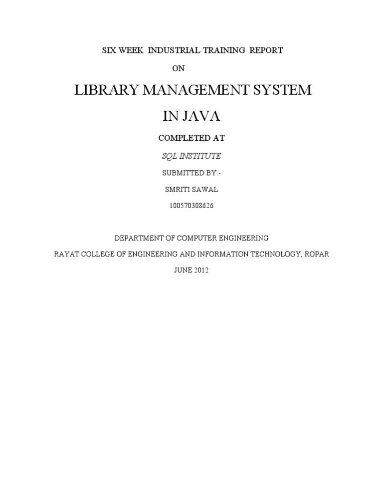 Library Management System in Java: Six Week Industrial Training Report ON | PDF