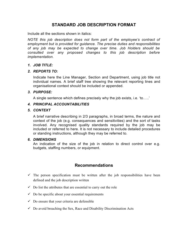 Standard Job Description Format: 1. Job Title: 2. Reports To | PDF