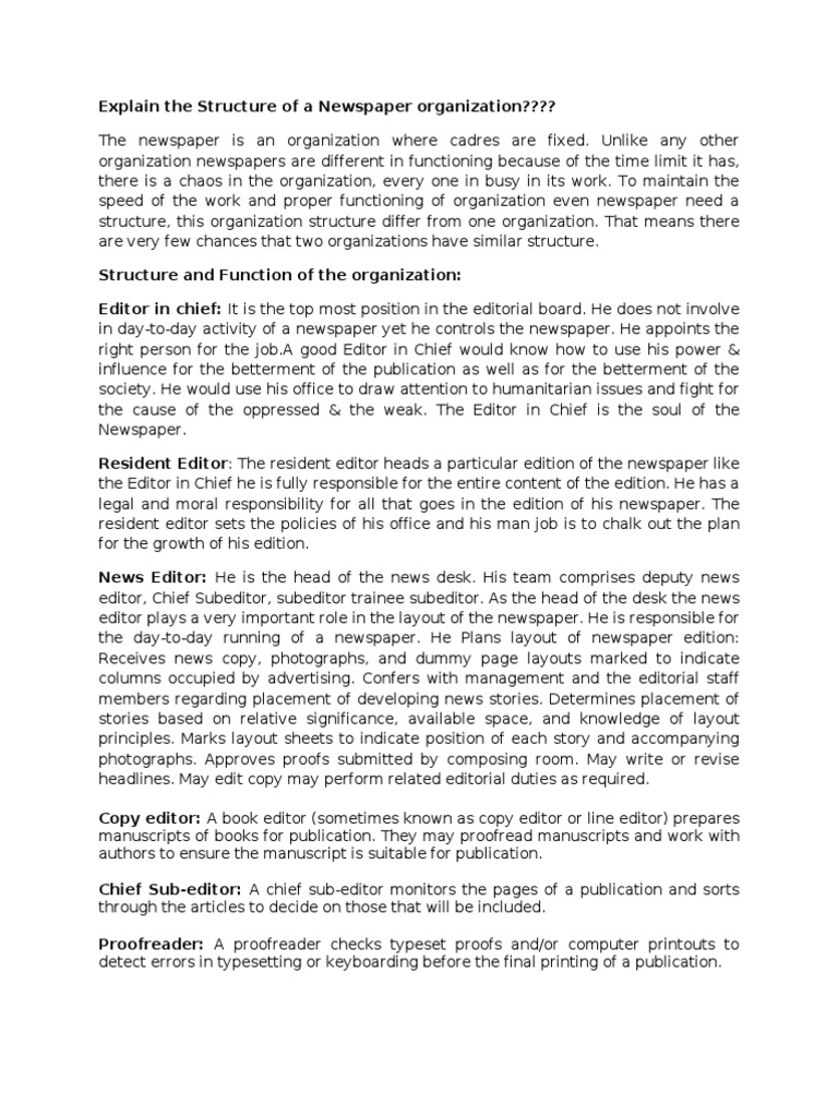 Structure of Newspaper Organization | PDF | Copy Editing | Editing