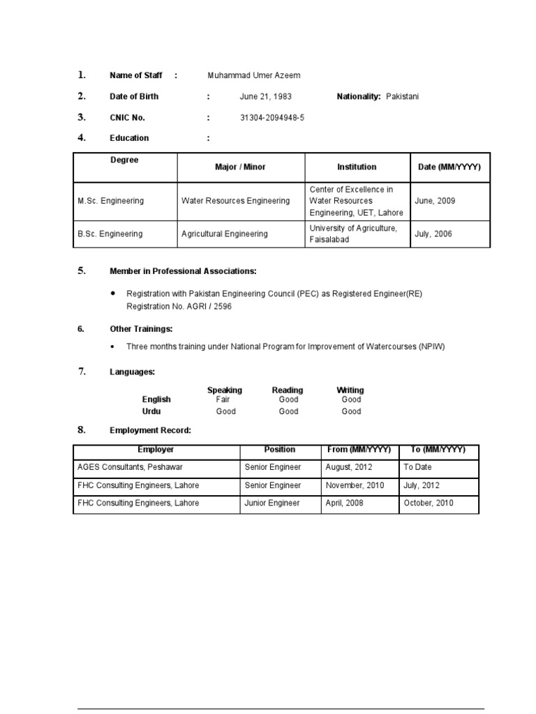 CV Umer Azeem (ADB Format) | PDF | Hydropower | Hydrology