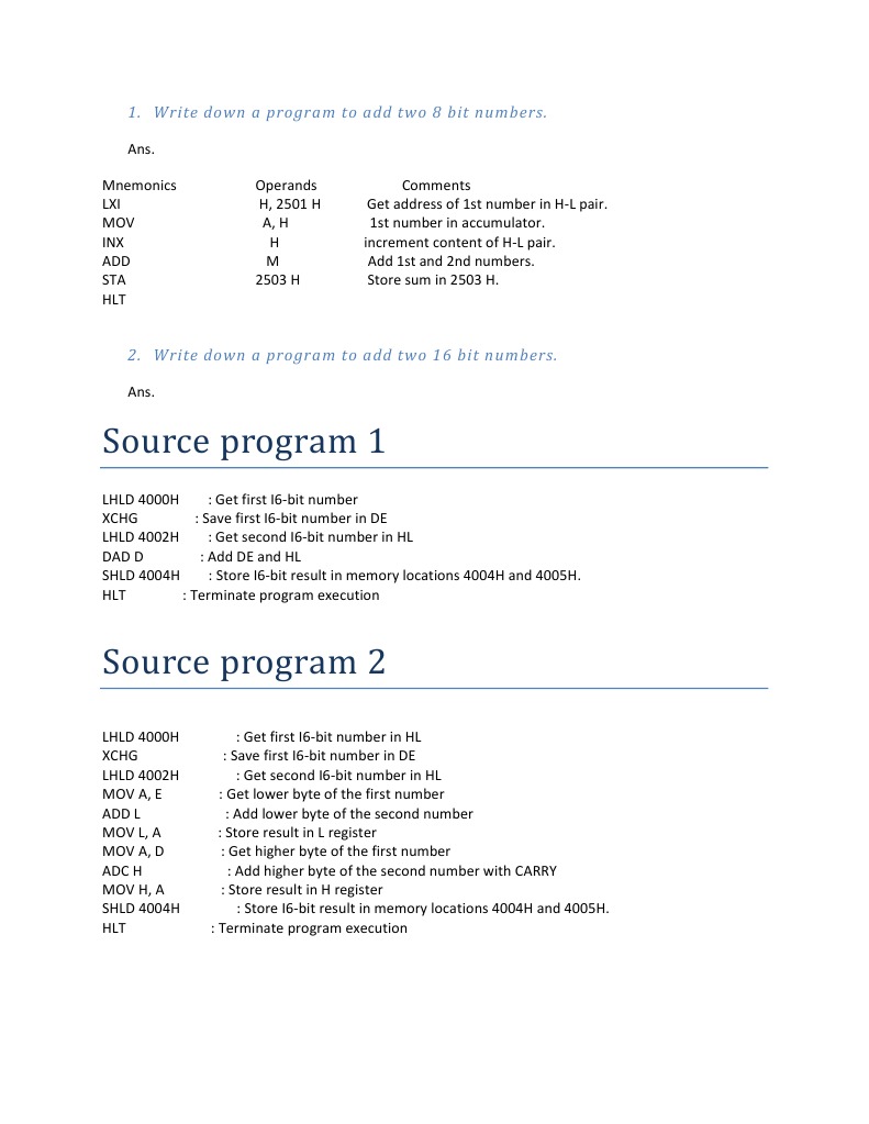 Source Program 1: 1. Write Down A Program To Add Two 8 Bit Numbers ...