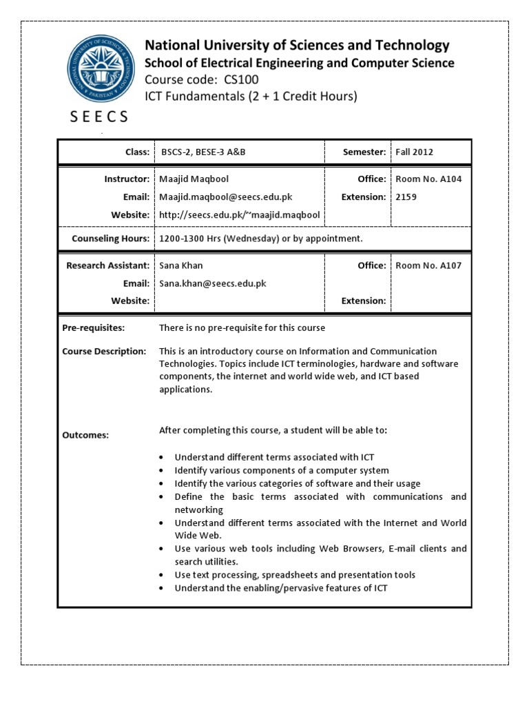 ICT Fundamentals Course Outline v1.0 Fall 12 Maajid | PDF | Educational ...