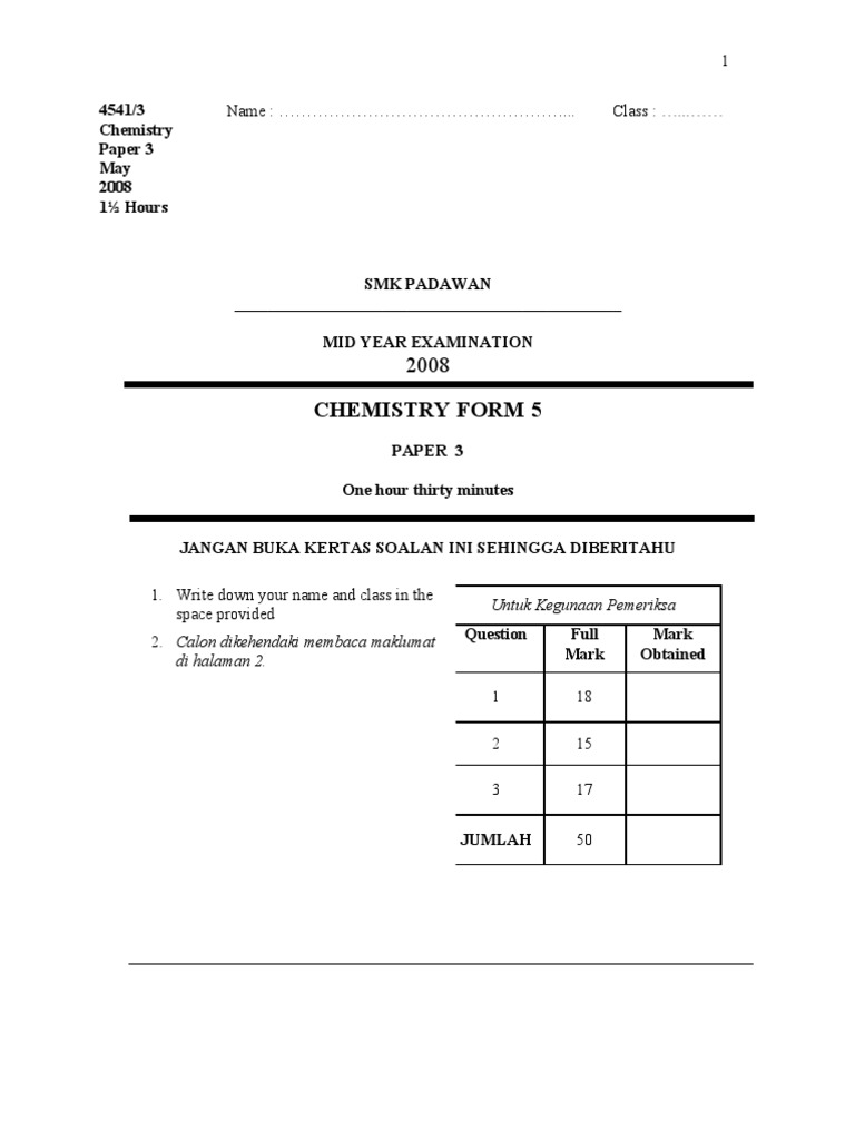 Chemistry Form 5: 4541/3 Chemistry Paper 3 May 2008 1 Hours | PDF ...