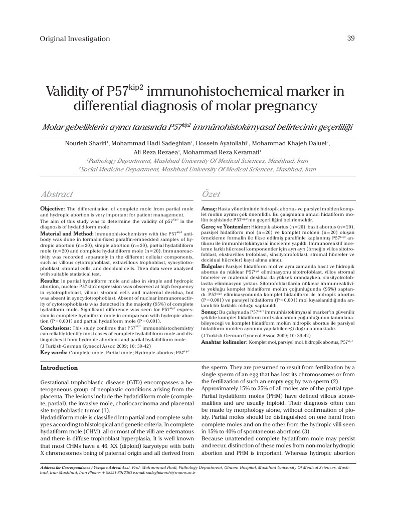 Validity of P57 Immunohistochemical Marker in Differential Diagnosis of Molar Pregnancy ...