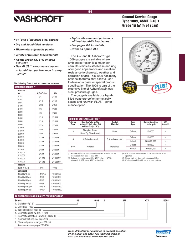 General Service Gauge Type 1009, ASME B 40.1 Grade 1A ( 1% of Span ...