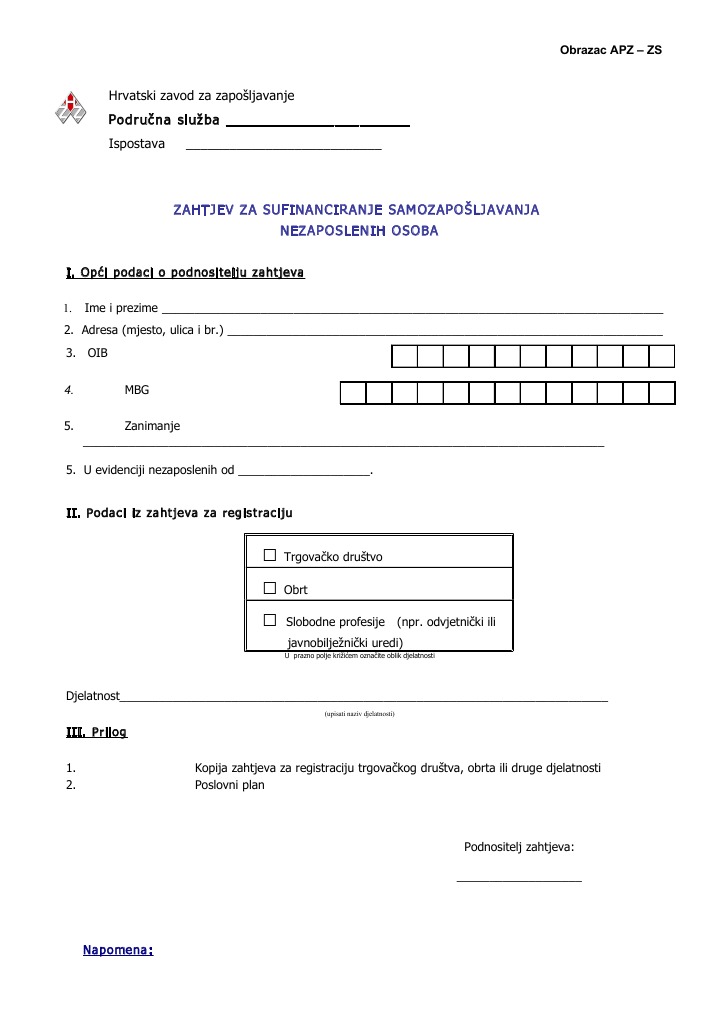 HZZ 1 Obrazac Zahtjeva Za Samozaposljavanje | PDF
