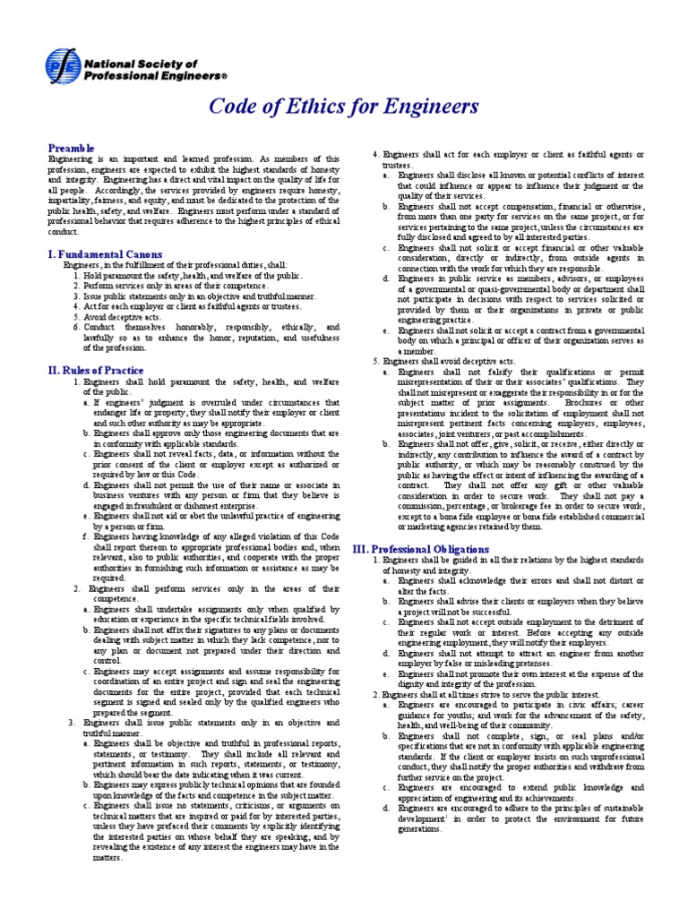 NSPE Code of Ethics | Engineer | Employment