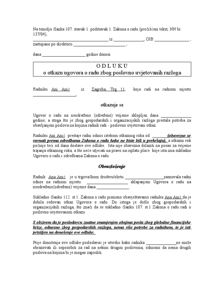 Primjer Poslovno Uvjetovanog Otkaza Ugovora o Radu | PDF