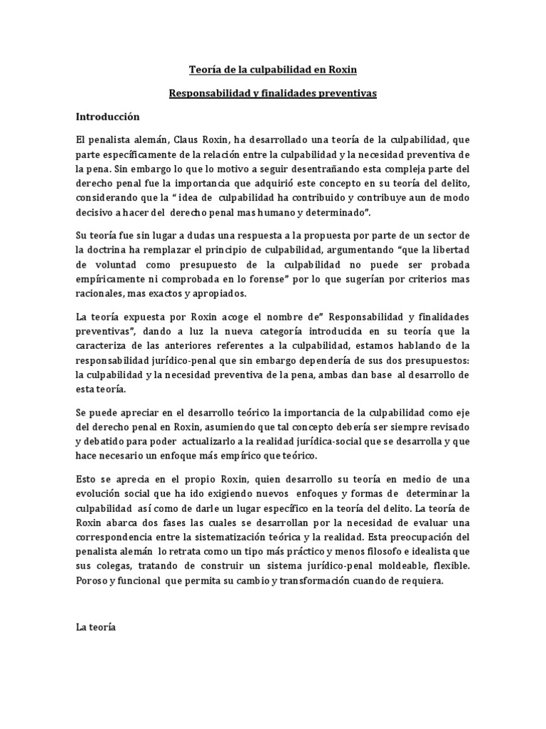 Teoría de La Culpabilidad en Roxin | PDF | Castigos | Derecho penal