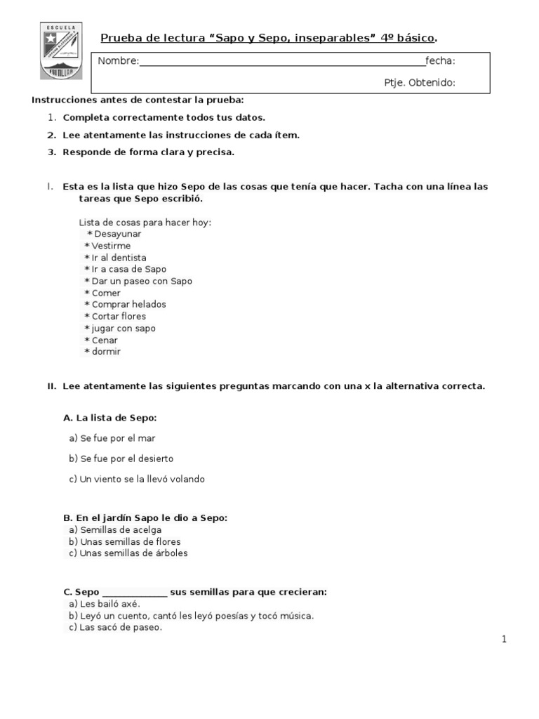 Prueba de Lectura Sapo y Sepo | PDF